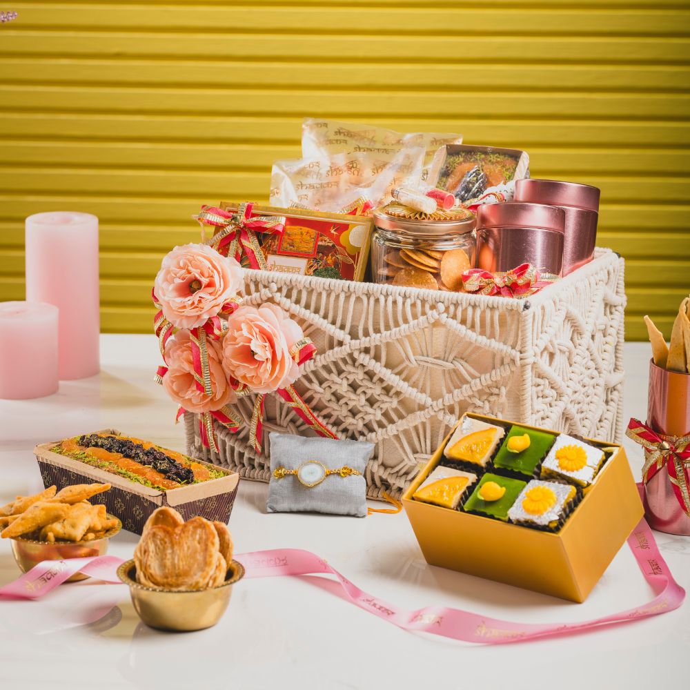 Floral Macrame Delight Hamper: Exquisite Rakhi Gift with Assorted ...