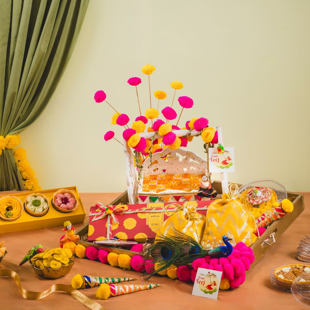 Hariyali Teej Hamper: Teej Jhula, Sweets, and Decorative Items
